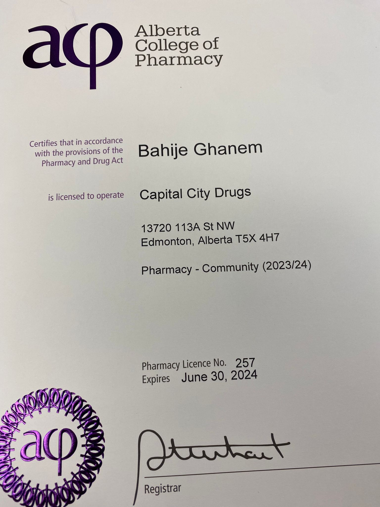 ACP & License – Capital City Drugs