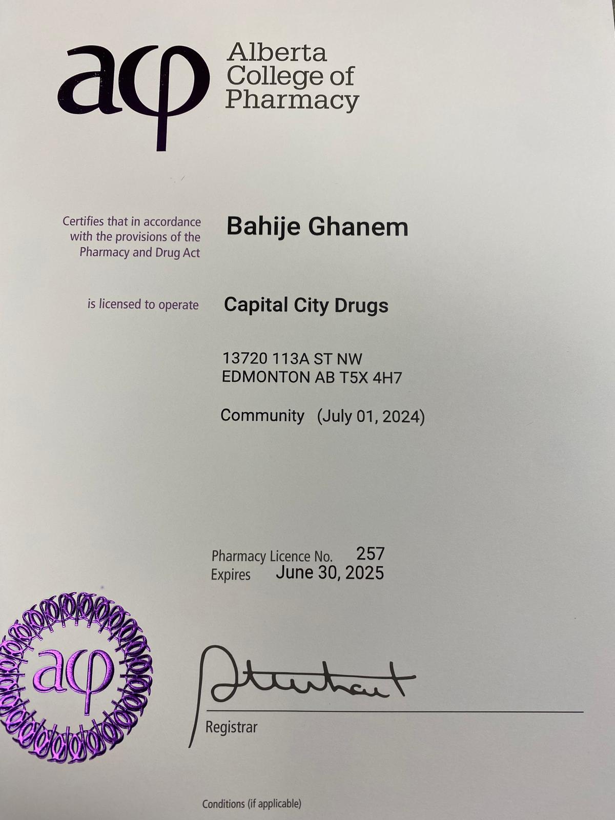 ACP & License – Capital City Drugs